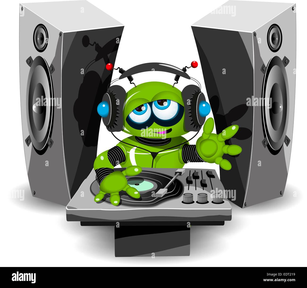 Illustration of a cheerful green robot DJ Stock Photo - Alamy