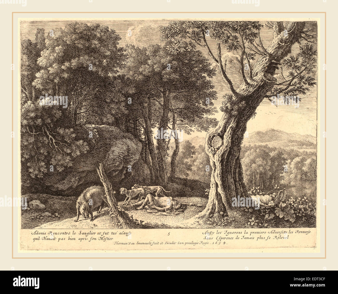 Herman van Swanevelt (Dutch, c. 1600-1655), Death of Adonis, etching ...