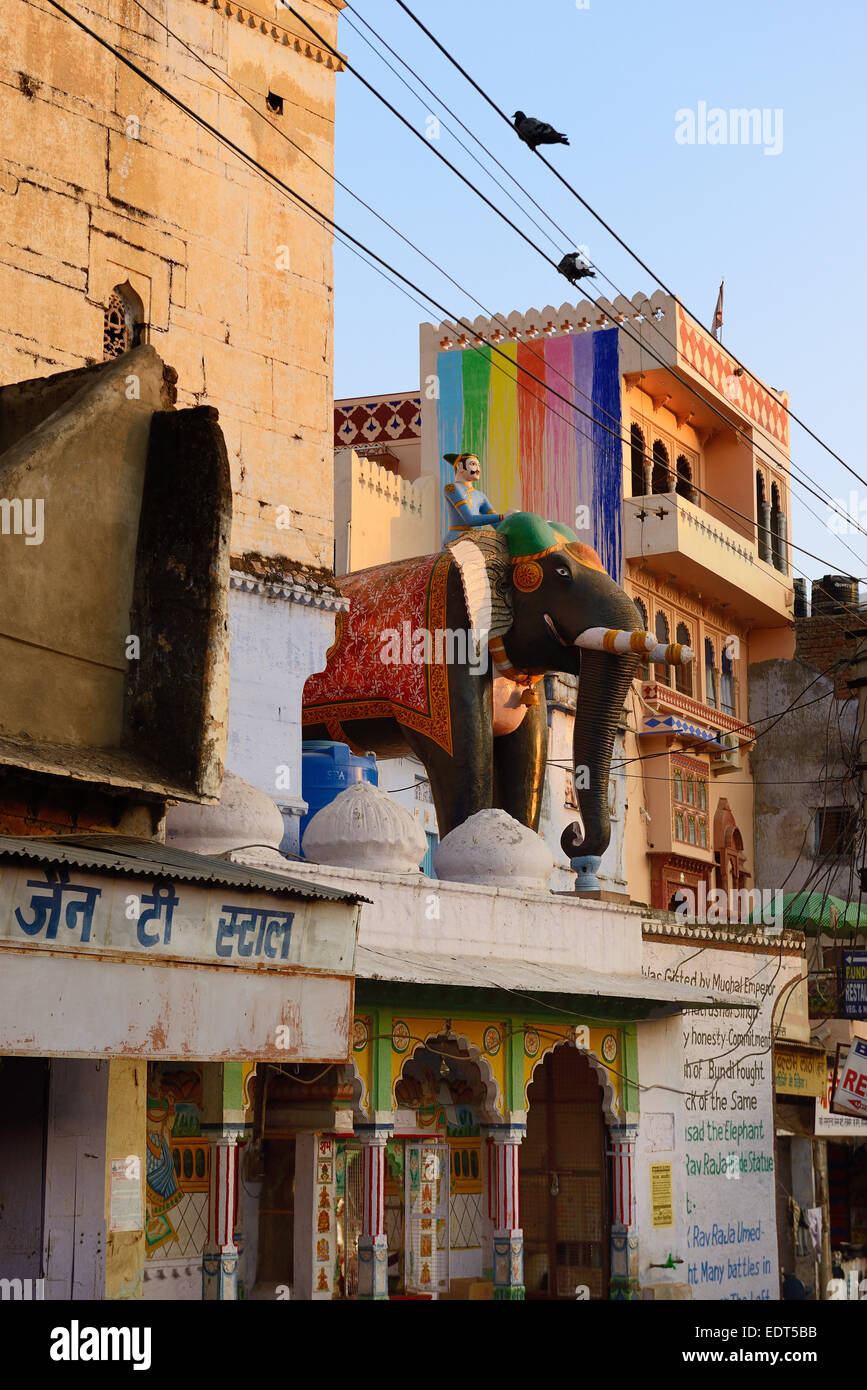 India, Rajasthan, Bundi, Mewar region, Hindu temple with an elephant ...
