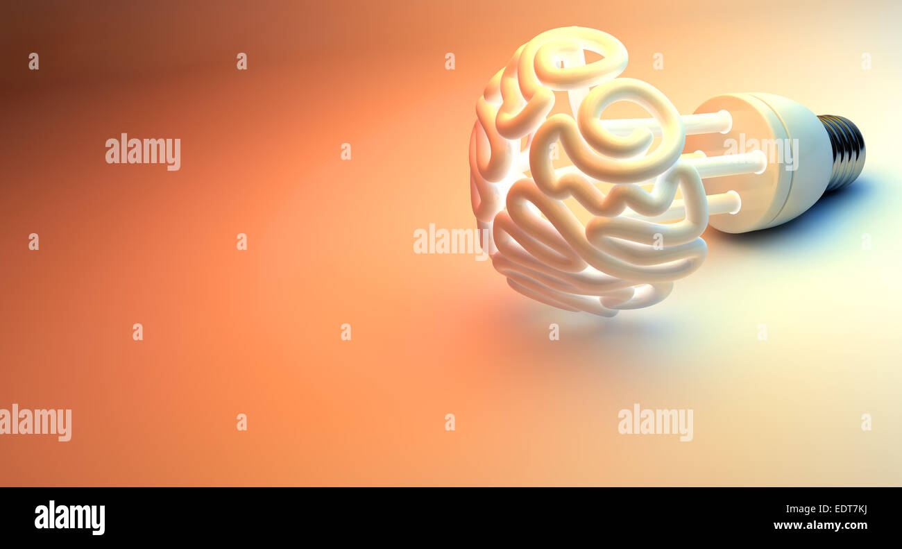 An illuminated fluorescent light bulb in the shape of a stylized brain ...