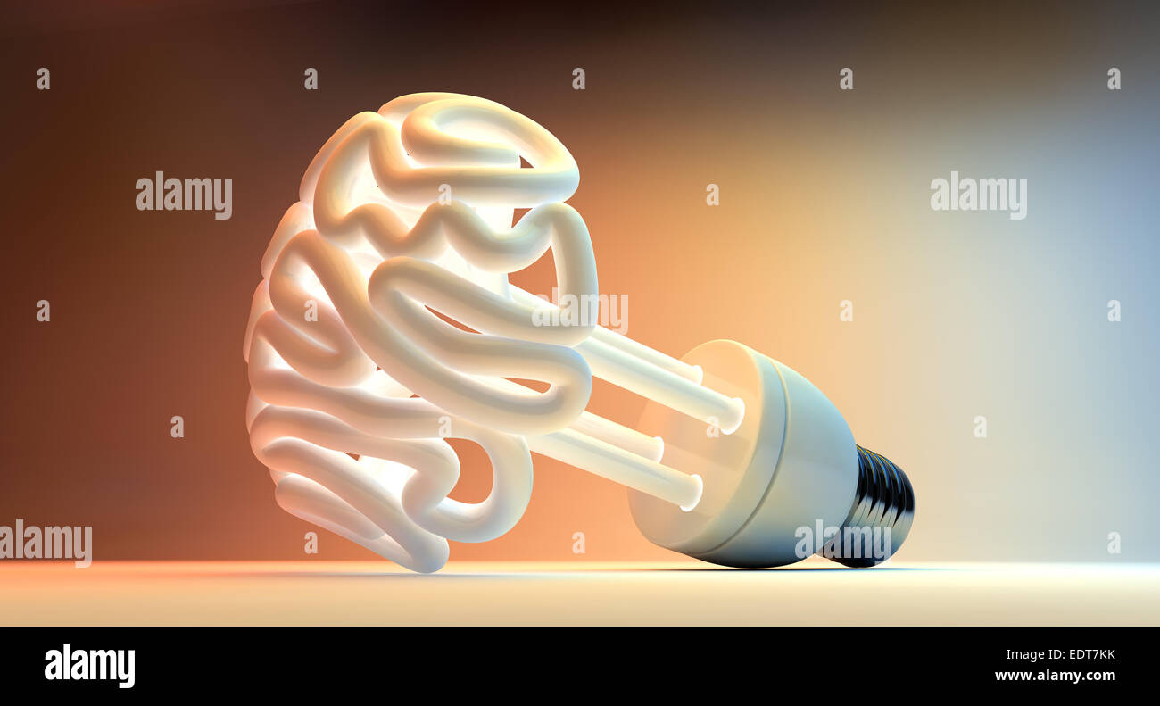 An illuminated fluorescent light bulb in the shape of a stylized brain ...