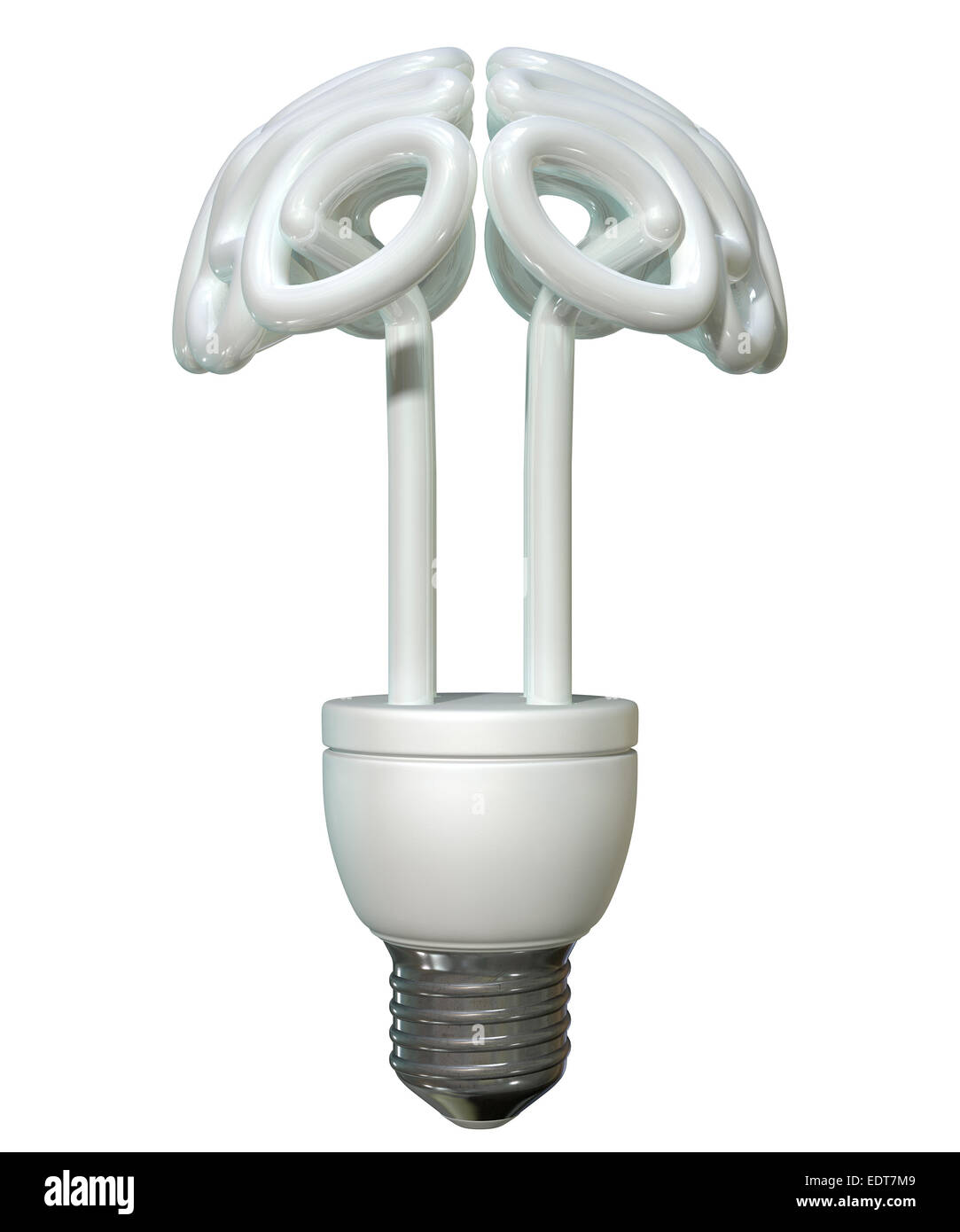A regular fluorescent light bulb in the shape of a stylized brain on an ...