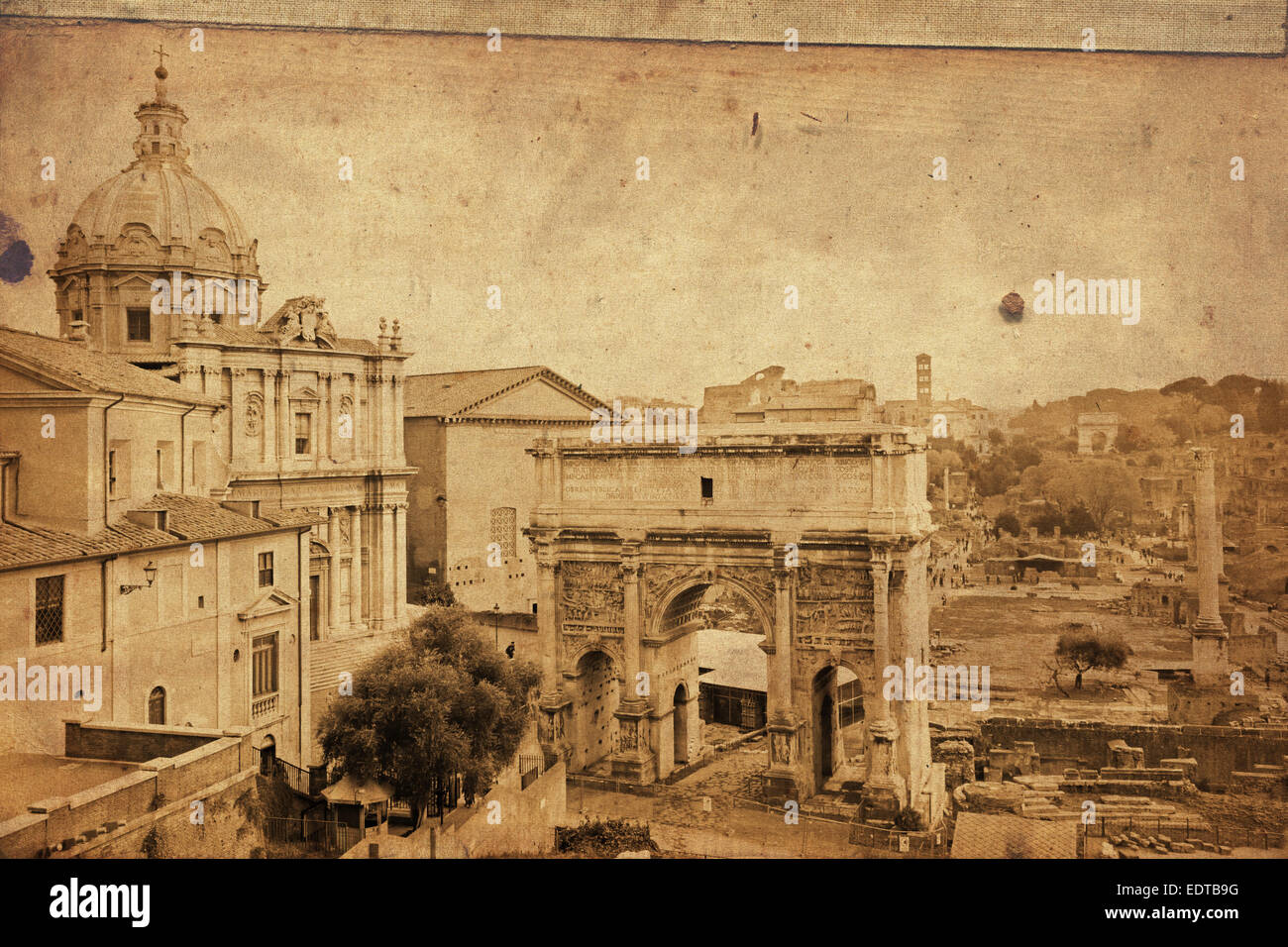 Retro and vintage styled view of ruins of the buildings of the Roman ...