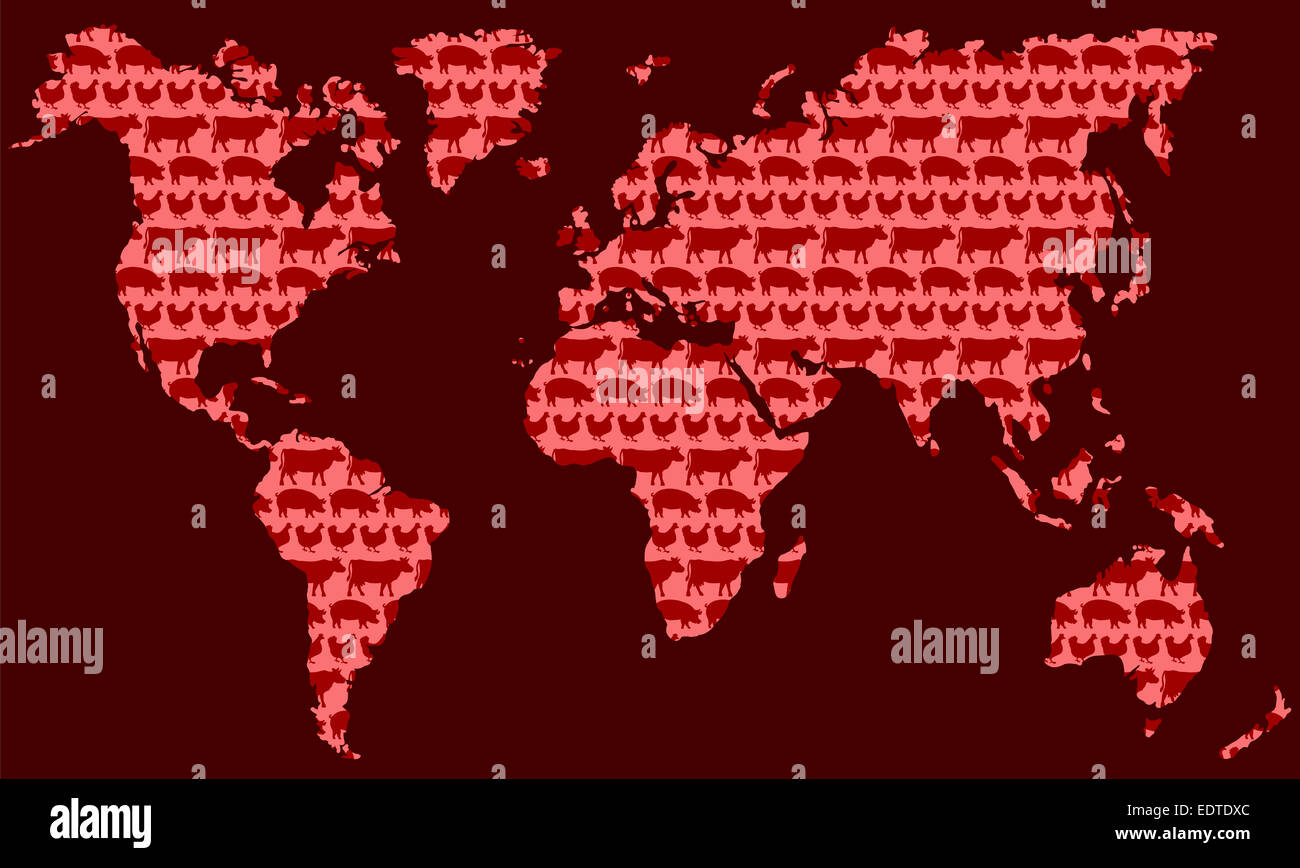 Planet earth overcrowded with cows, pigs and hens, surrounded by oceans ...