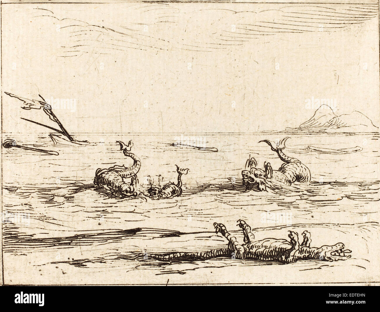 Jacques Callot (French, 1592 - 1635), Dolphins and Crocodile, etching ...