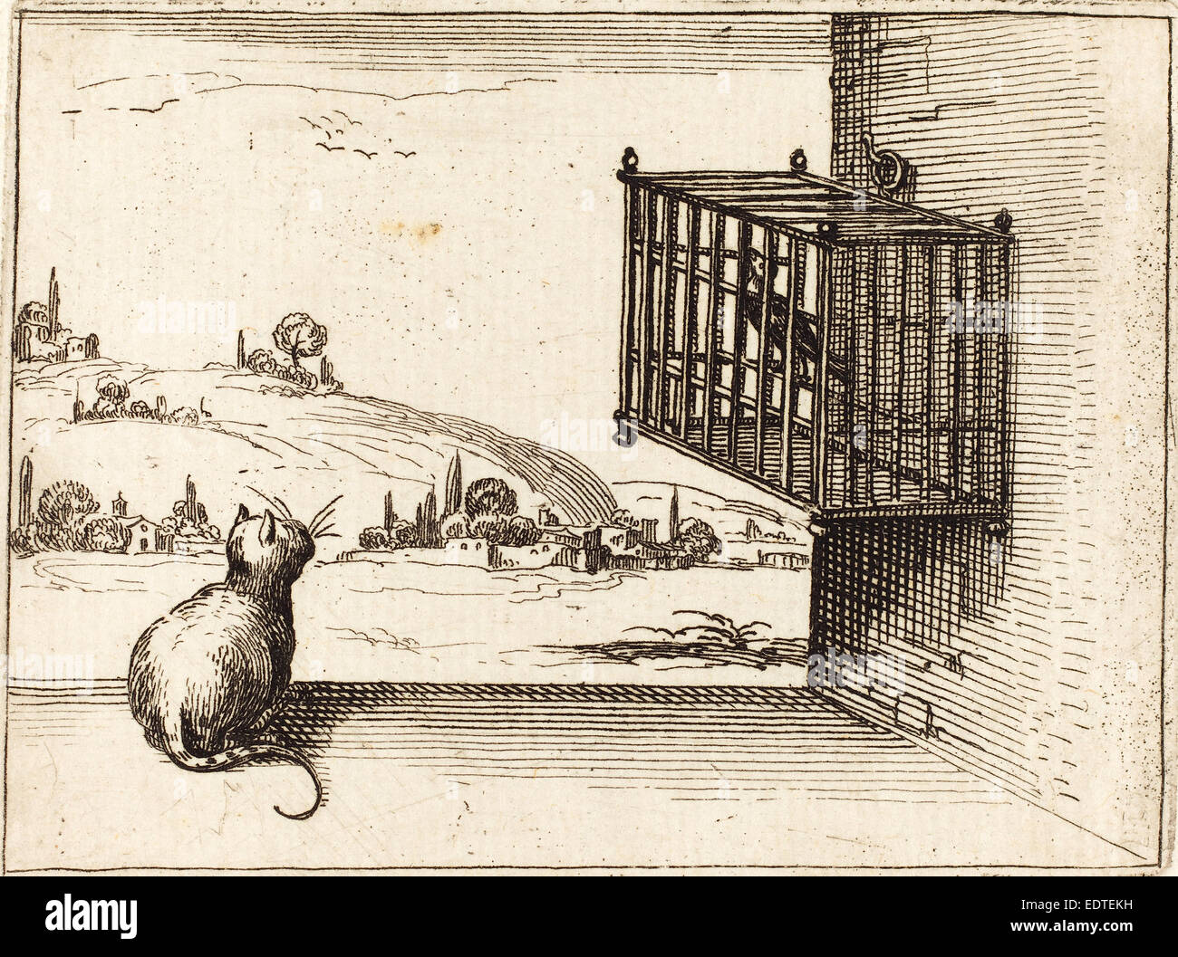 Jacques Callot (French, 1592 - 1635), Cat Watching Caged Bird, 1628 ...