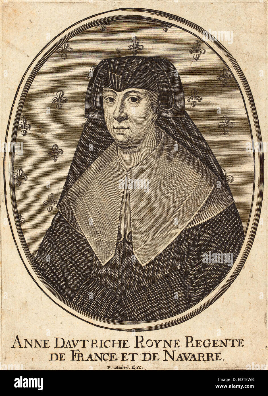 Pierre Aubry (French, 1610 - 1686), Anne of Austria, engraving on laid ...