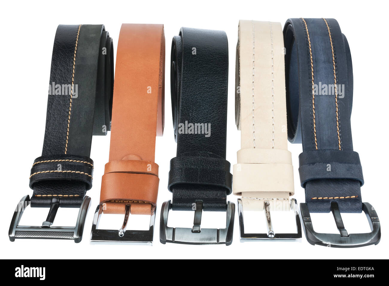 Five belt men's isolated on white background Stock Photo - Alamy