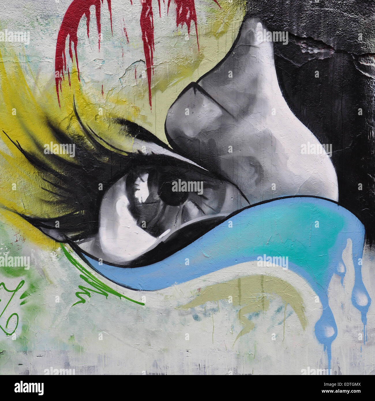 Female eye with big eyelashes and river of tears colorful graffiti on ...
