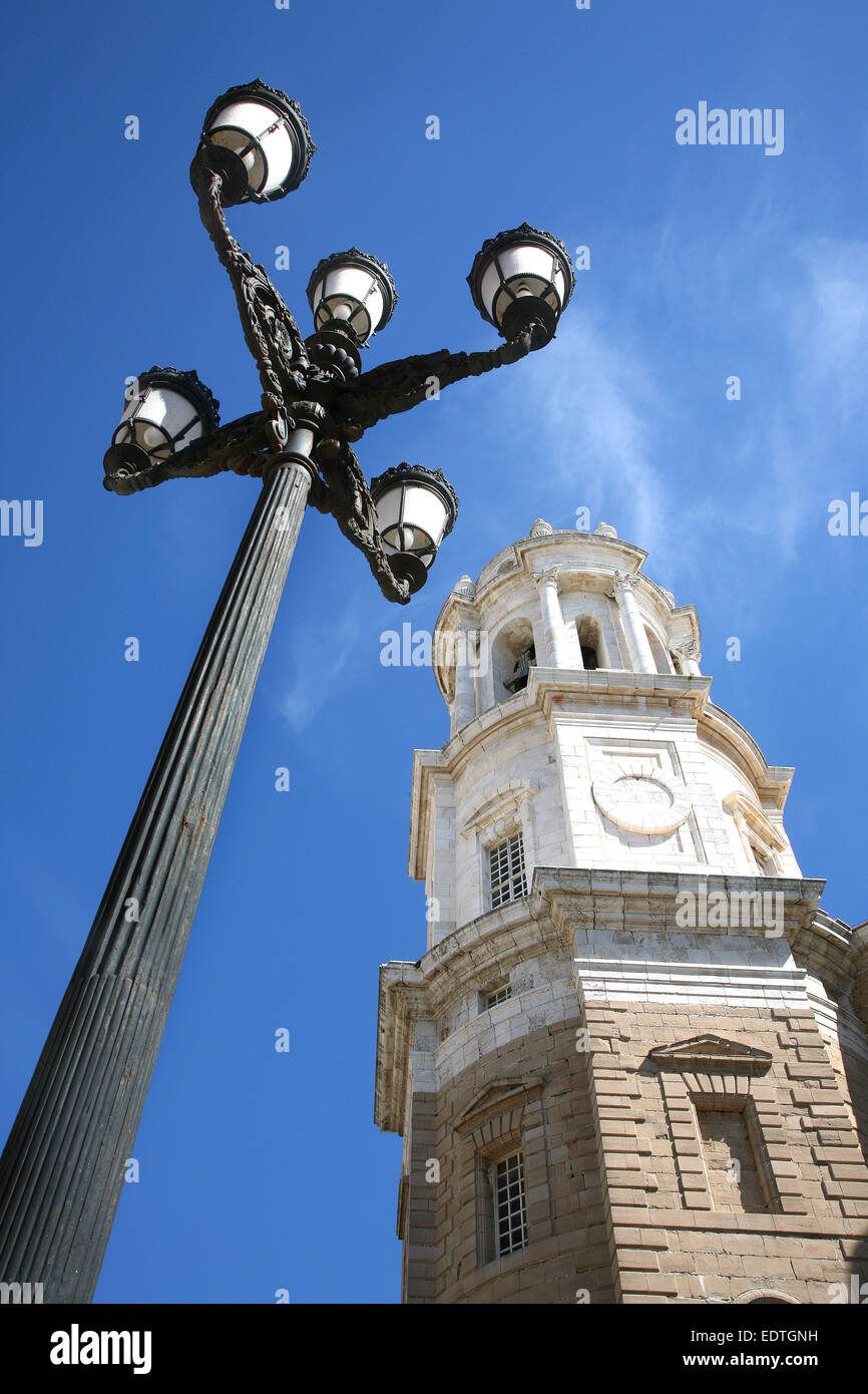 Cadiz cathedral tower in Plaza de la catedral Spain with street lamp in ...