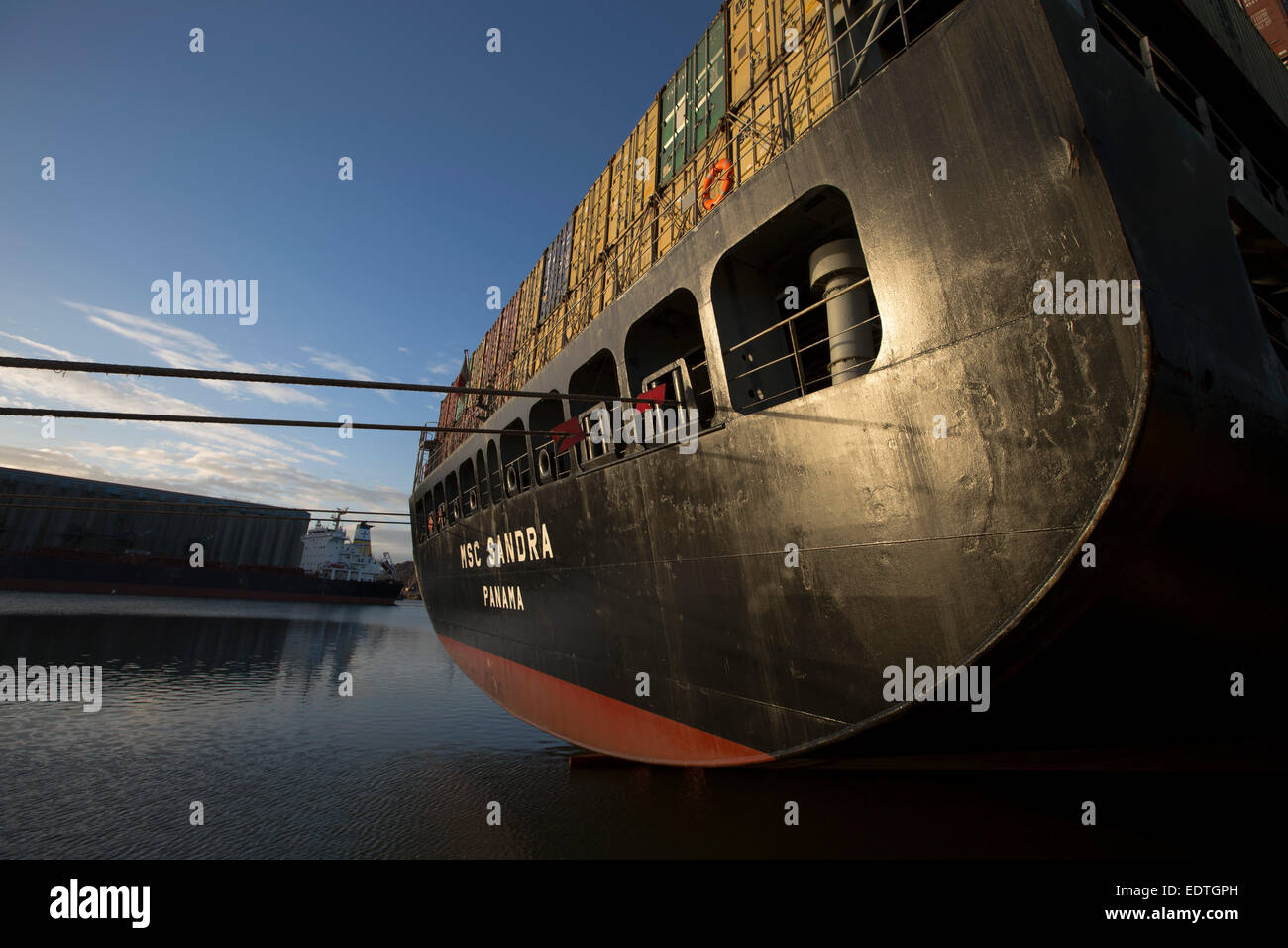 The Panama-registered container ship MSC Sandra, at berth in Seaforth Docks, Liverpool, England ...