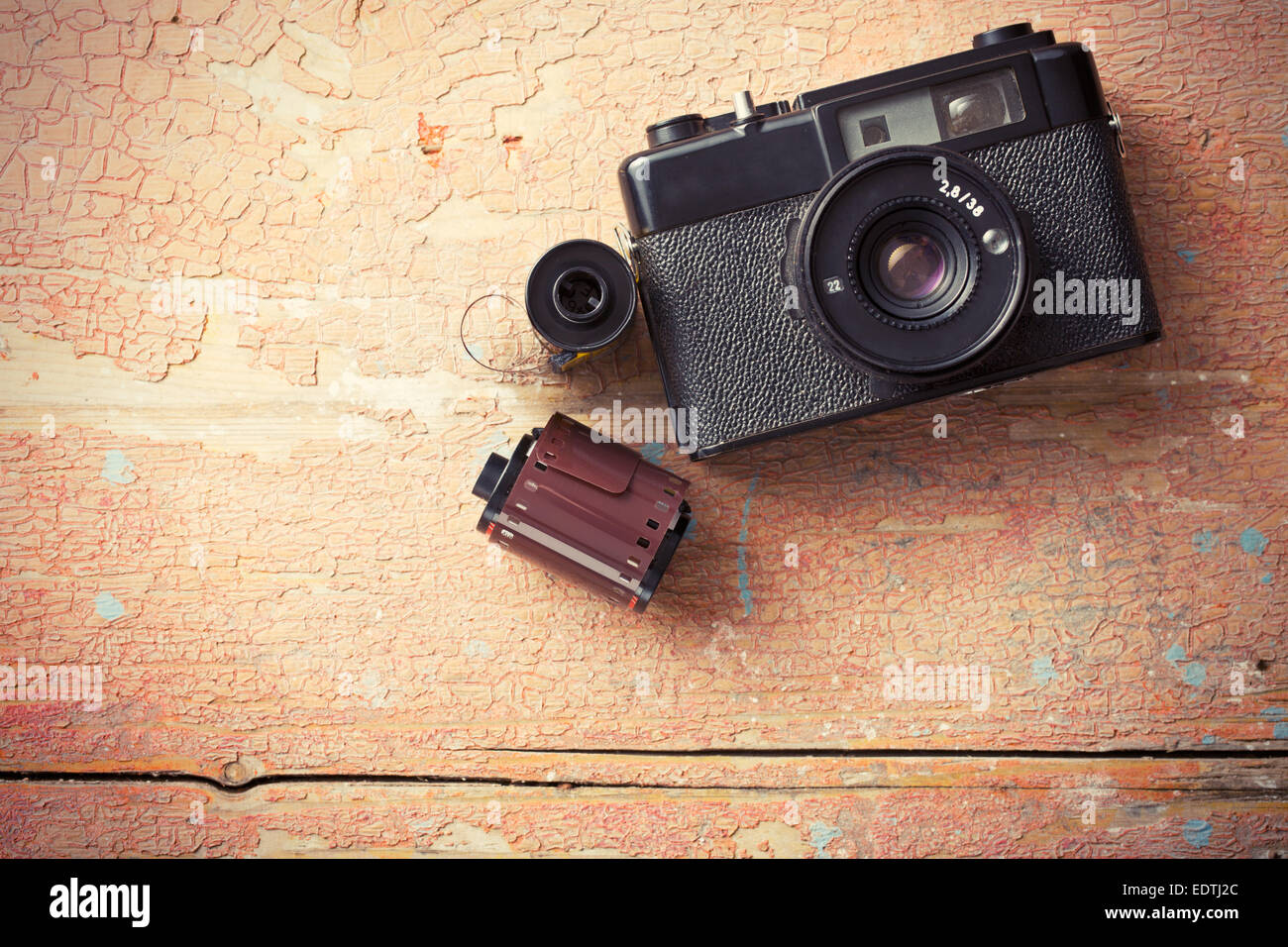 top view of retro camera on wooden table Stock Photo - Alamy