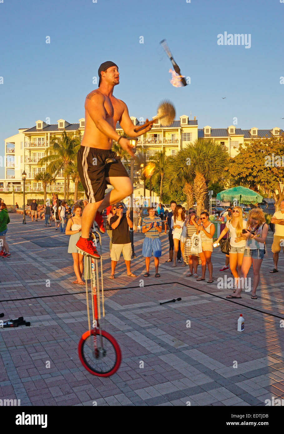 Juggler in Key West's Mallory Square entertaining tourists at sunset ...