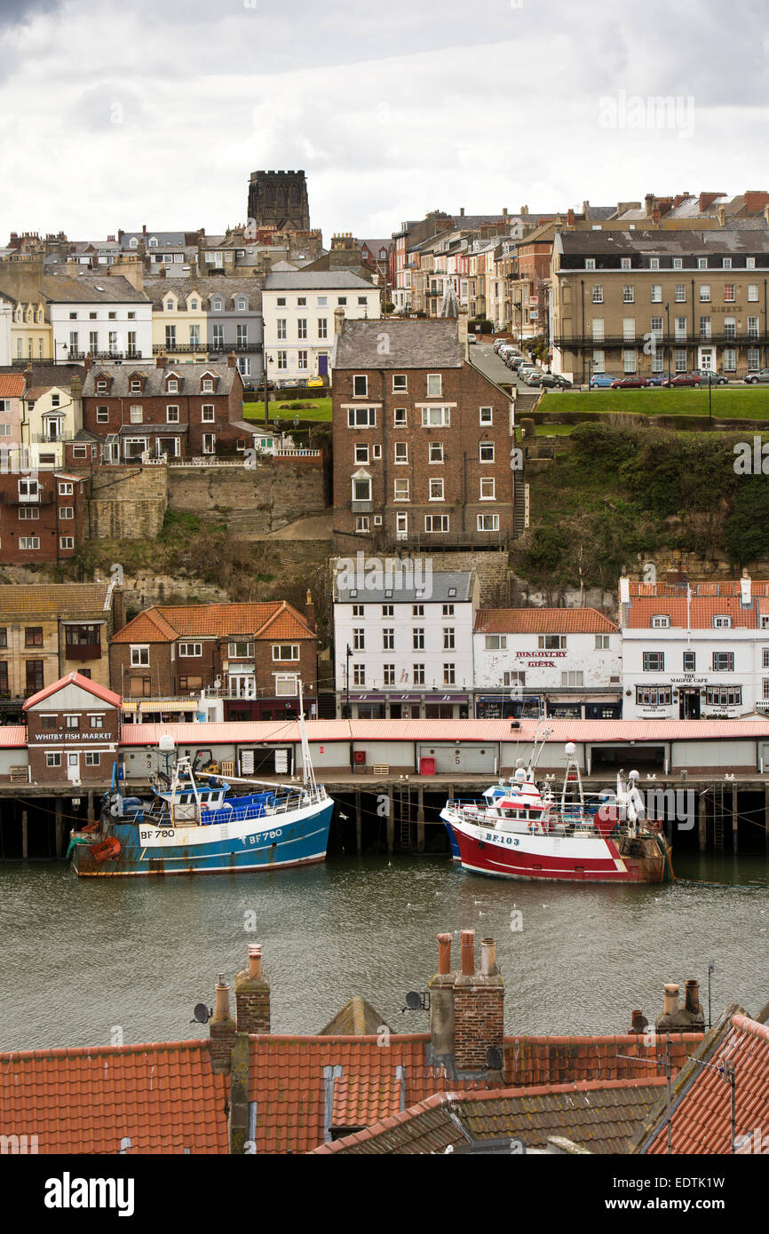UK, England, Yorkshire, Whitby, Fish Quay, elevated view from St Mary’s ...
