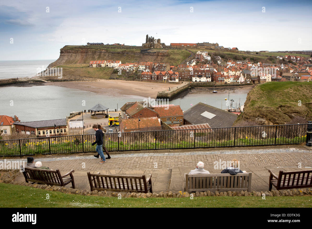 UK, England, Yorkshire, Whitby, East Terrace, benches overlooking ...