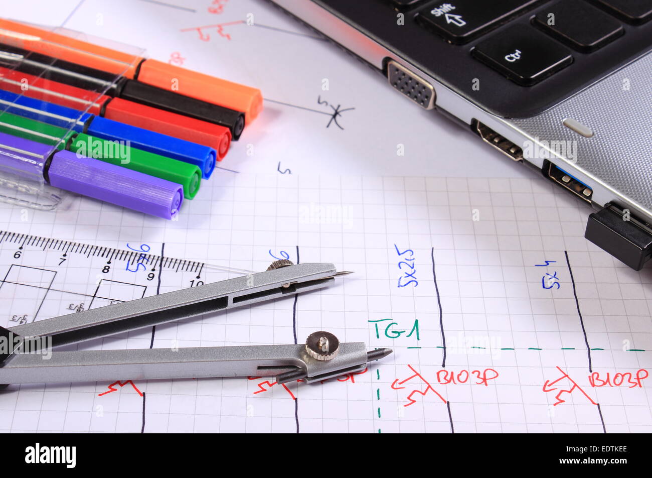 Electrical diagrams, accessories for drawing and laptop, drawings and ...