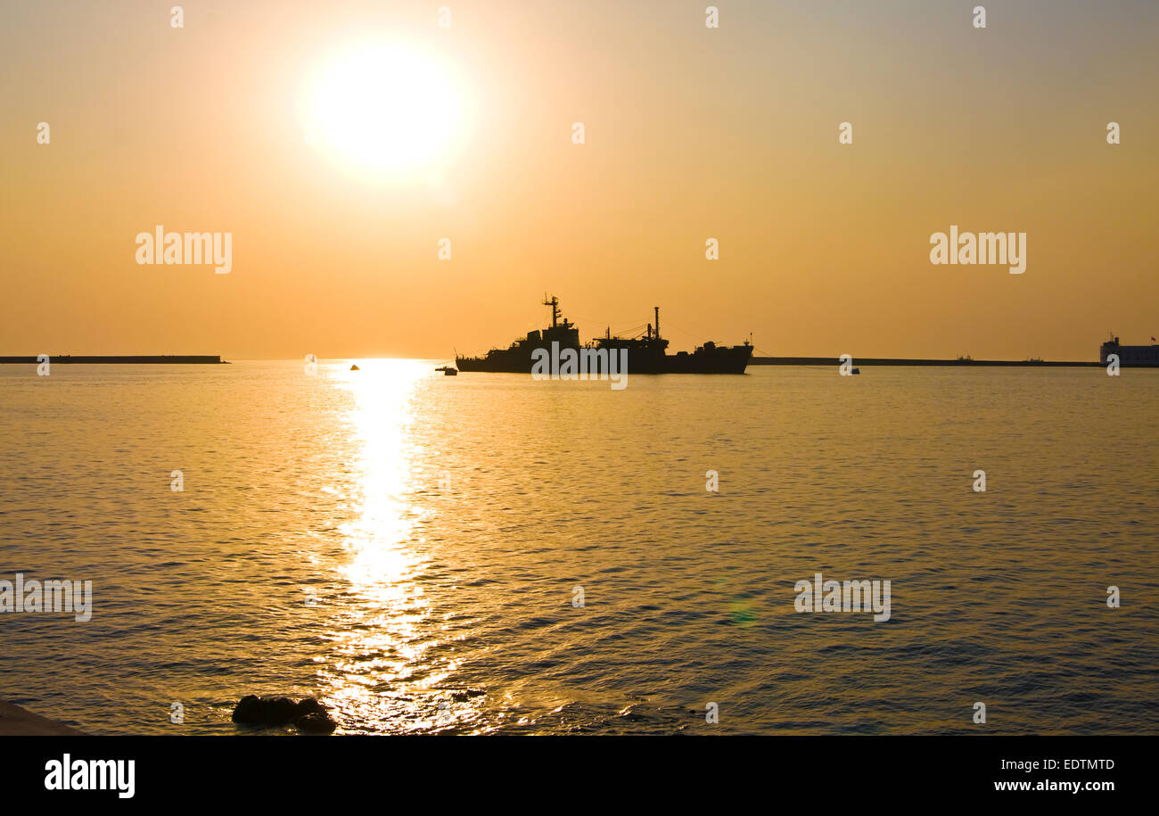 Sea landscape - sunset and ship on water Stock Photo - Alamy