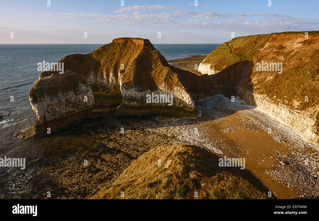 The high chalk cliffs at Flamborough Head with a view of the North Sea ...
