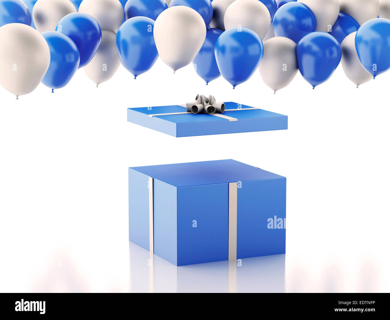 3d renderer illustration. Open gift box with blue and white balloons ...