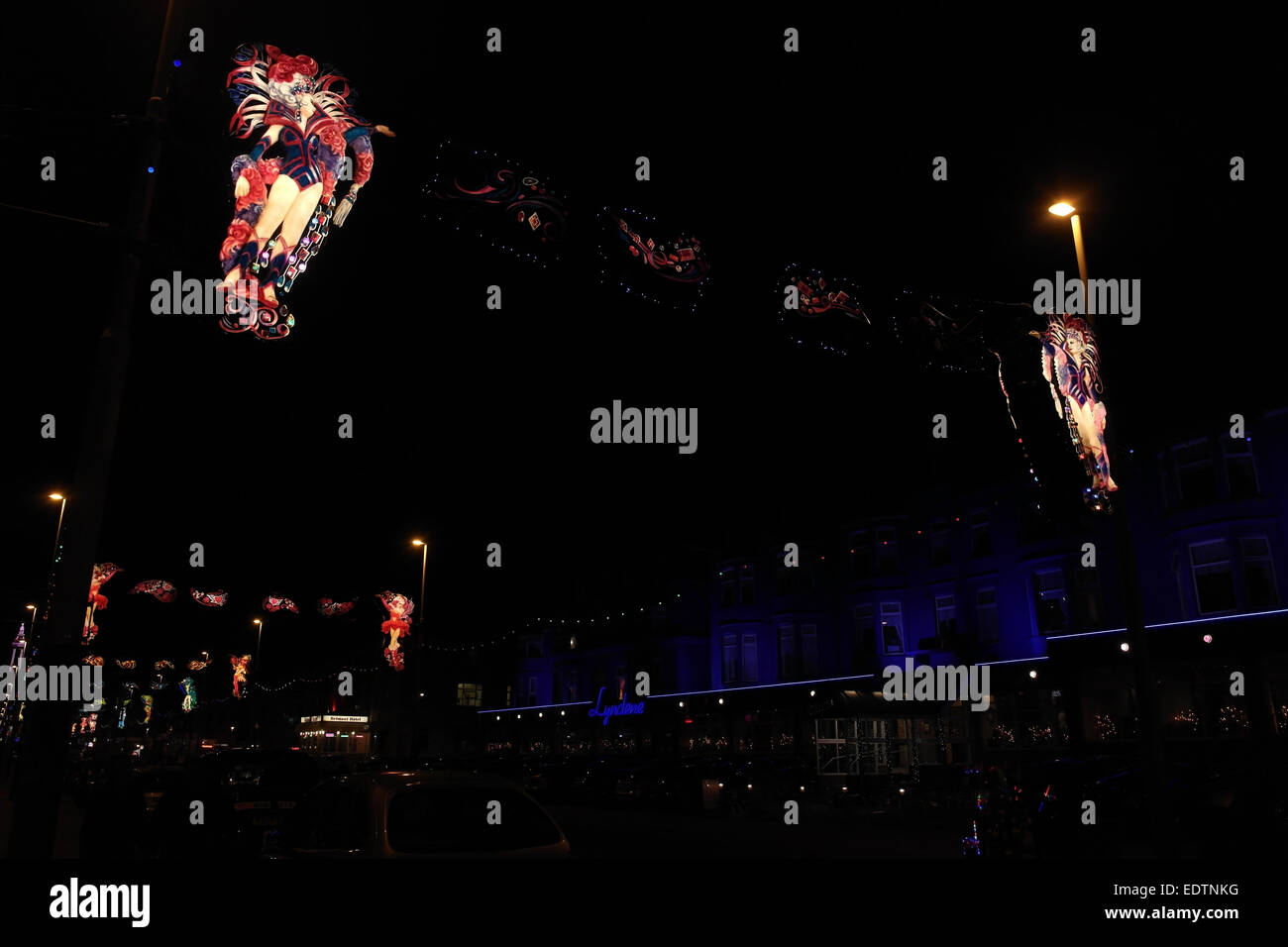 Night view, towards blue illuminated Lyndene Hotel, Decodance burlesque ...