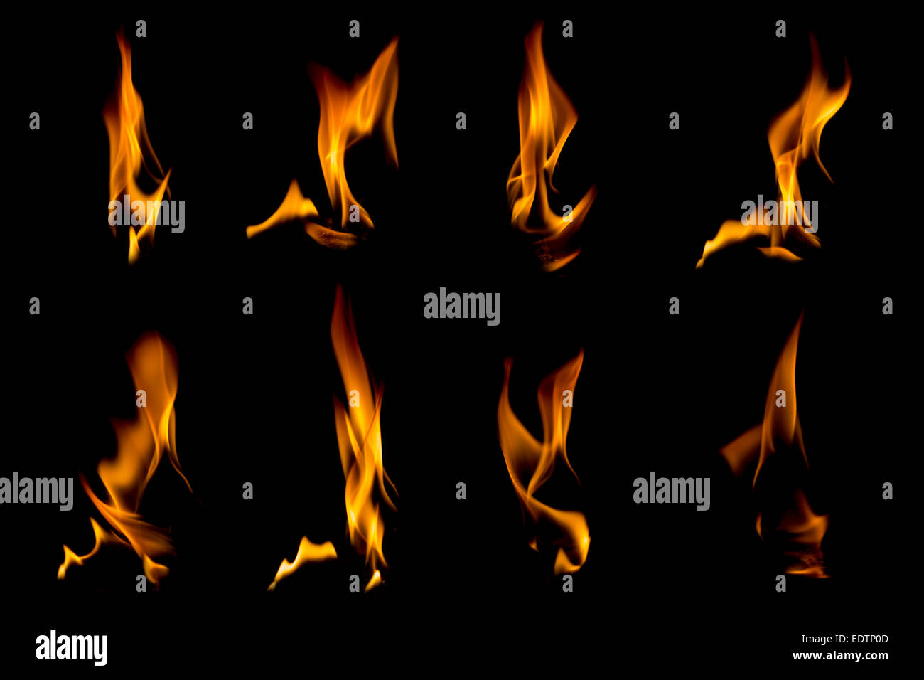 Collection of different types and shapes of flames isolated on black ...