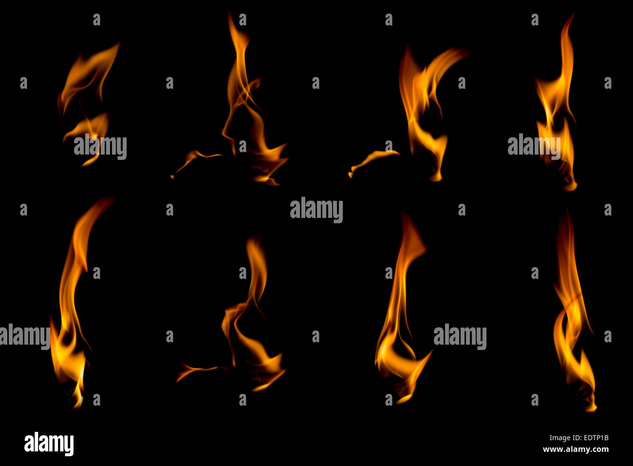 Collection of different types and shapes of flames isolated on black ...