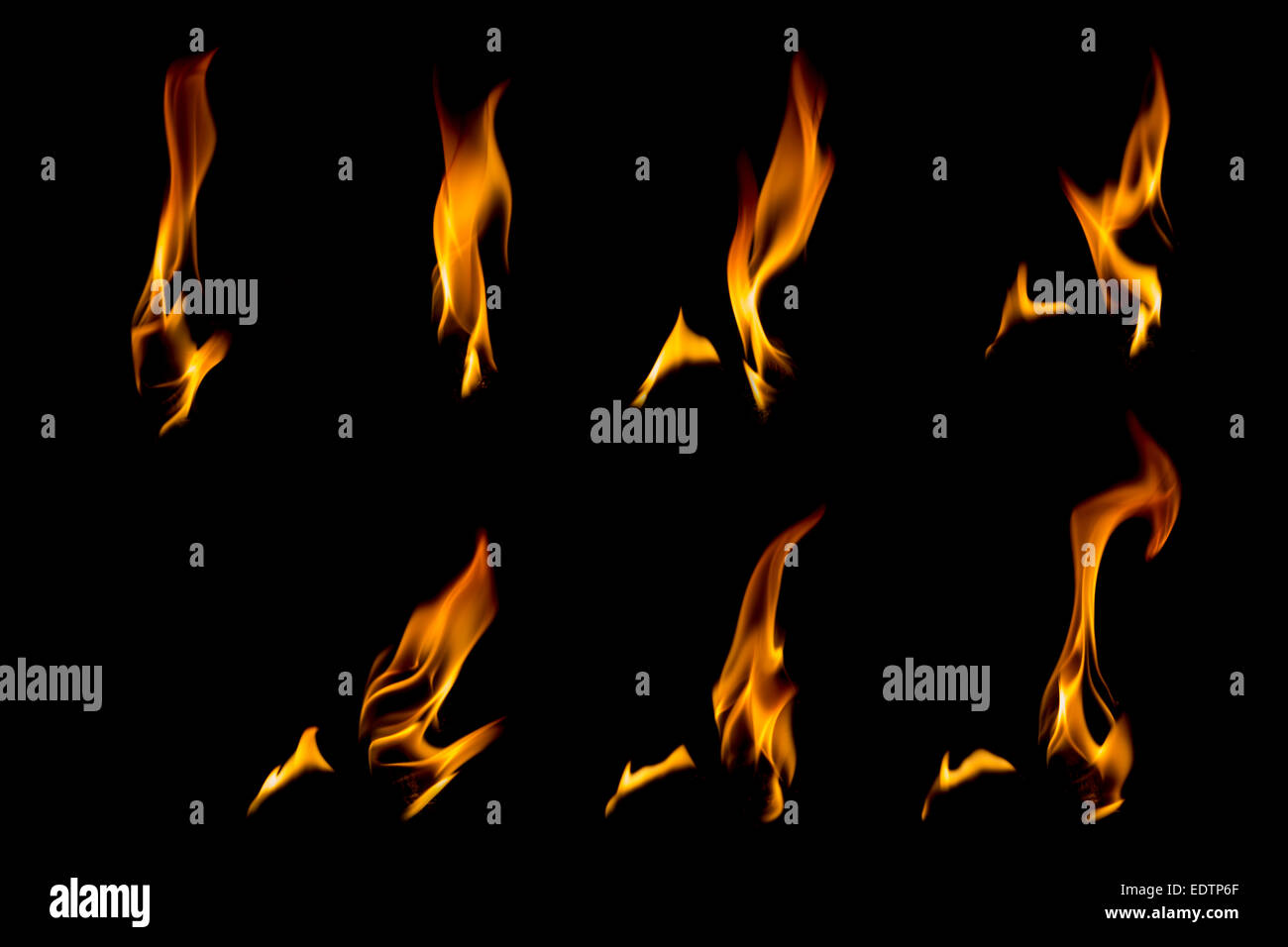 Collection of different types and shapes of flames isolated on black ...