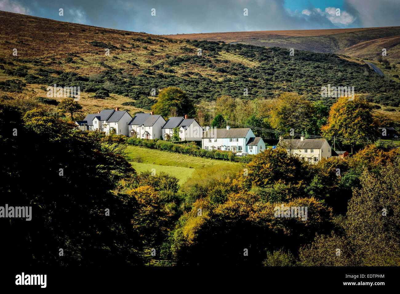 The village of Withypool nestled in the moorland on Exmoor, Somerset ...