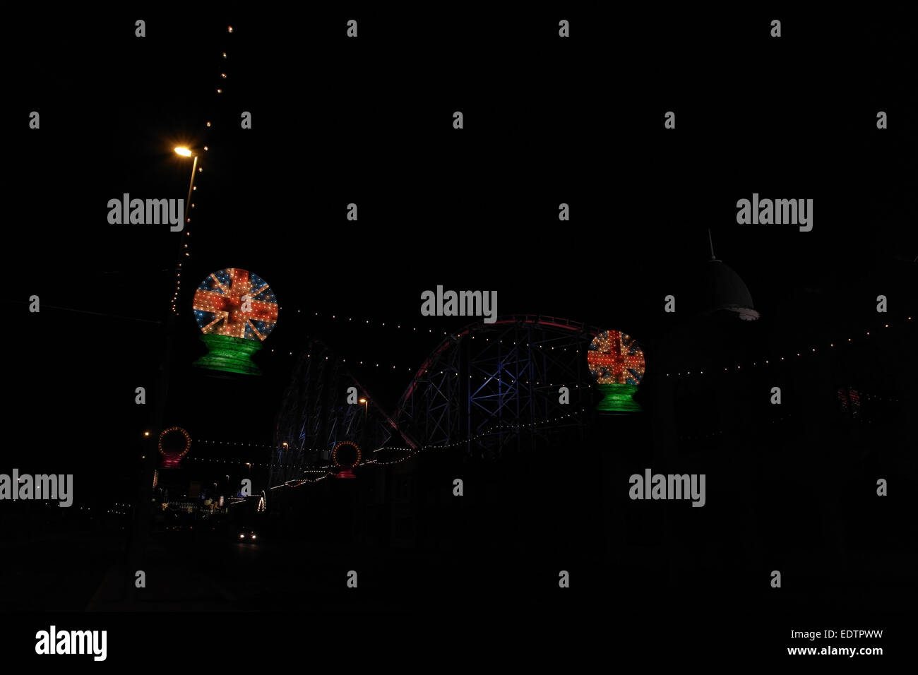 Night view 2 circular Orbs with Union Flag patterns, north to Big One ...