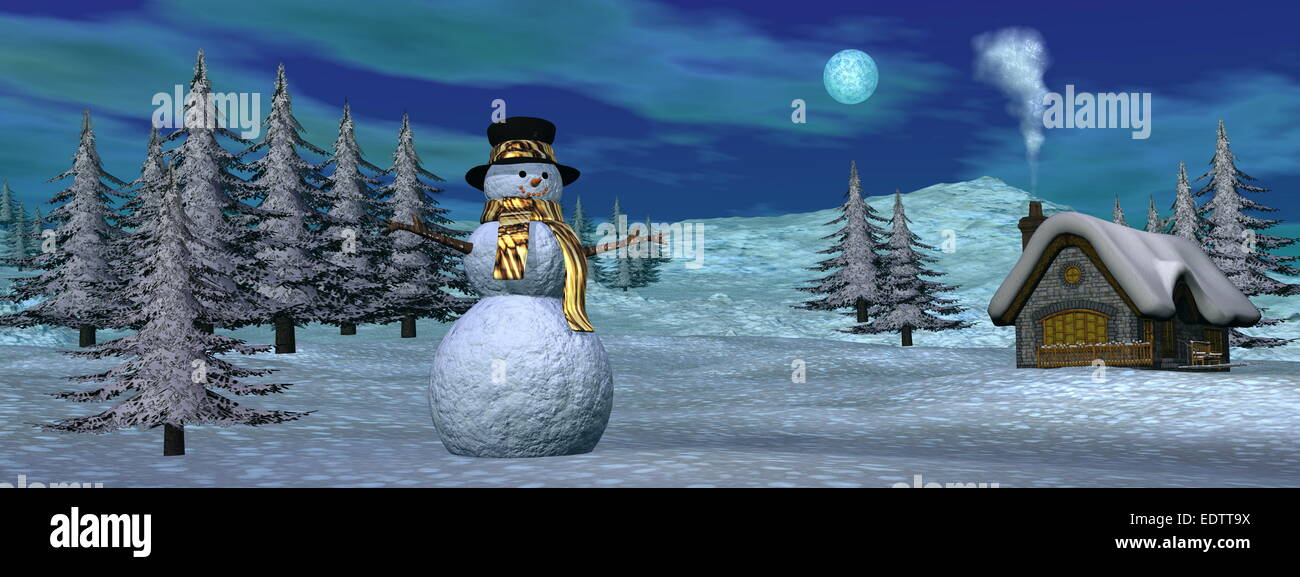 Snowman standing next to a cottage by snowy night - 3D render Stock ...