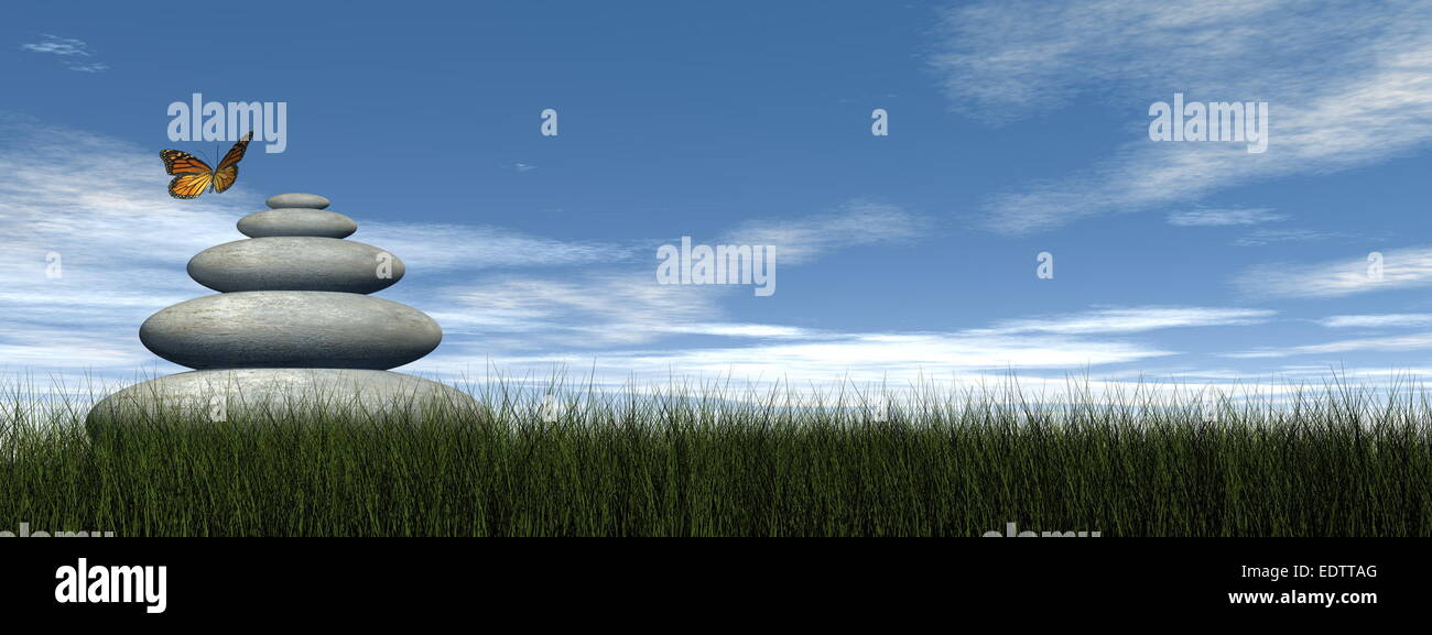 Beautiful butterfly flying upon balanced pebbles by clear day - 3D ...