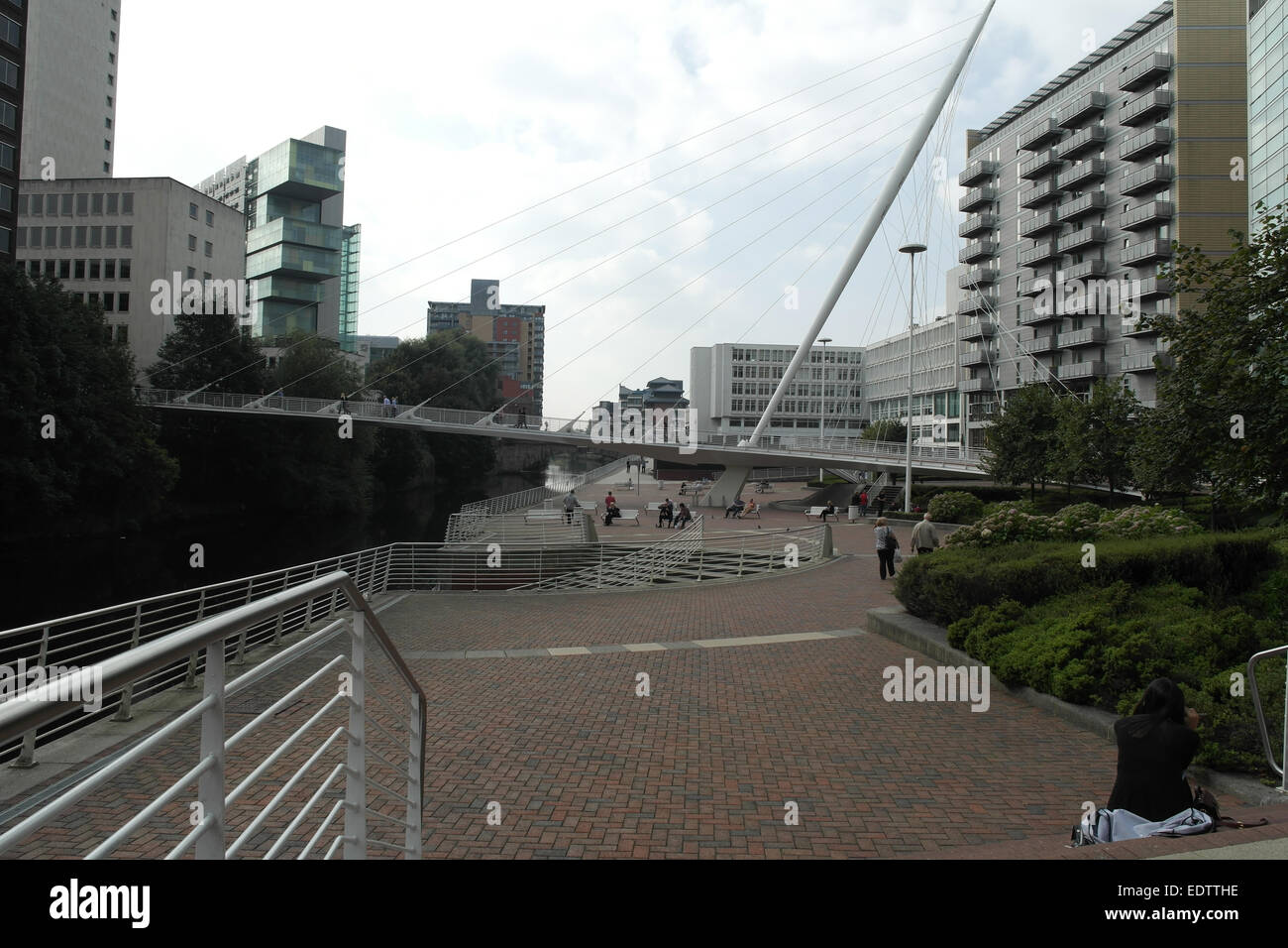 White sky view, to Trinity Bridge and modern high-rise buildings ...
