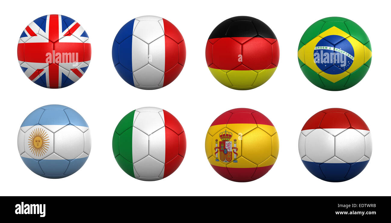 3d render of soccer balls with national flags Stock Photo - Alamy