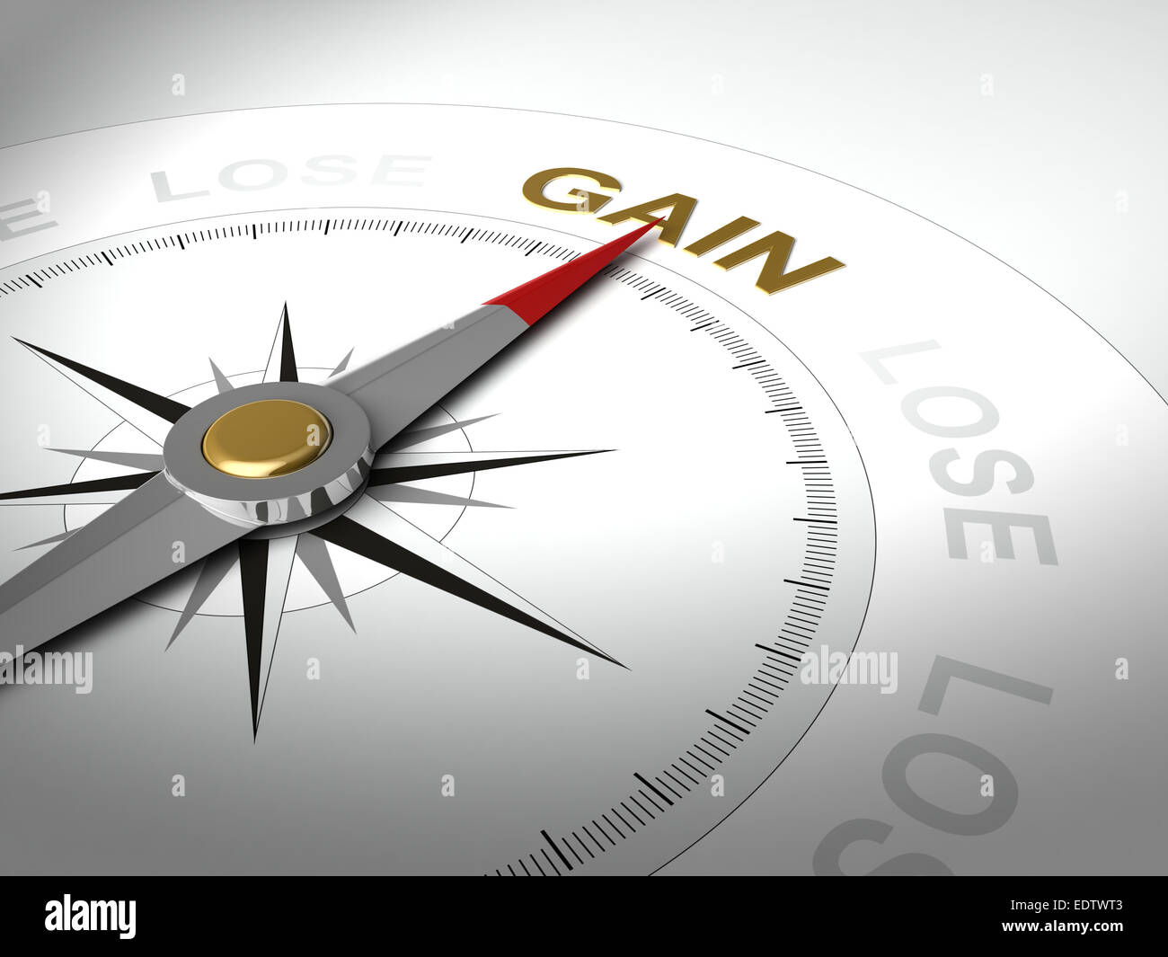 Conceptual 3D render of compass with needle pointing the word gain ...