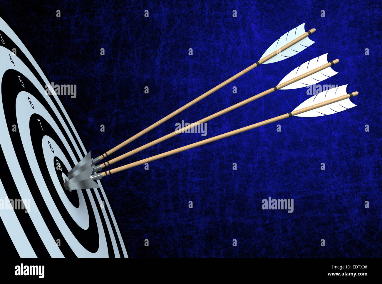 3d render of arrows hitting the center of target Stock Photo - Alamy