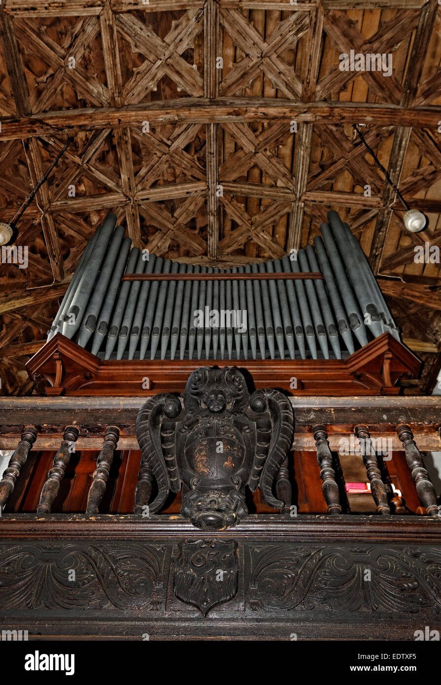 Organ pipes point to the latticed roof of St Marys Church, Puddletown ...
