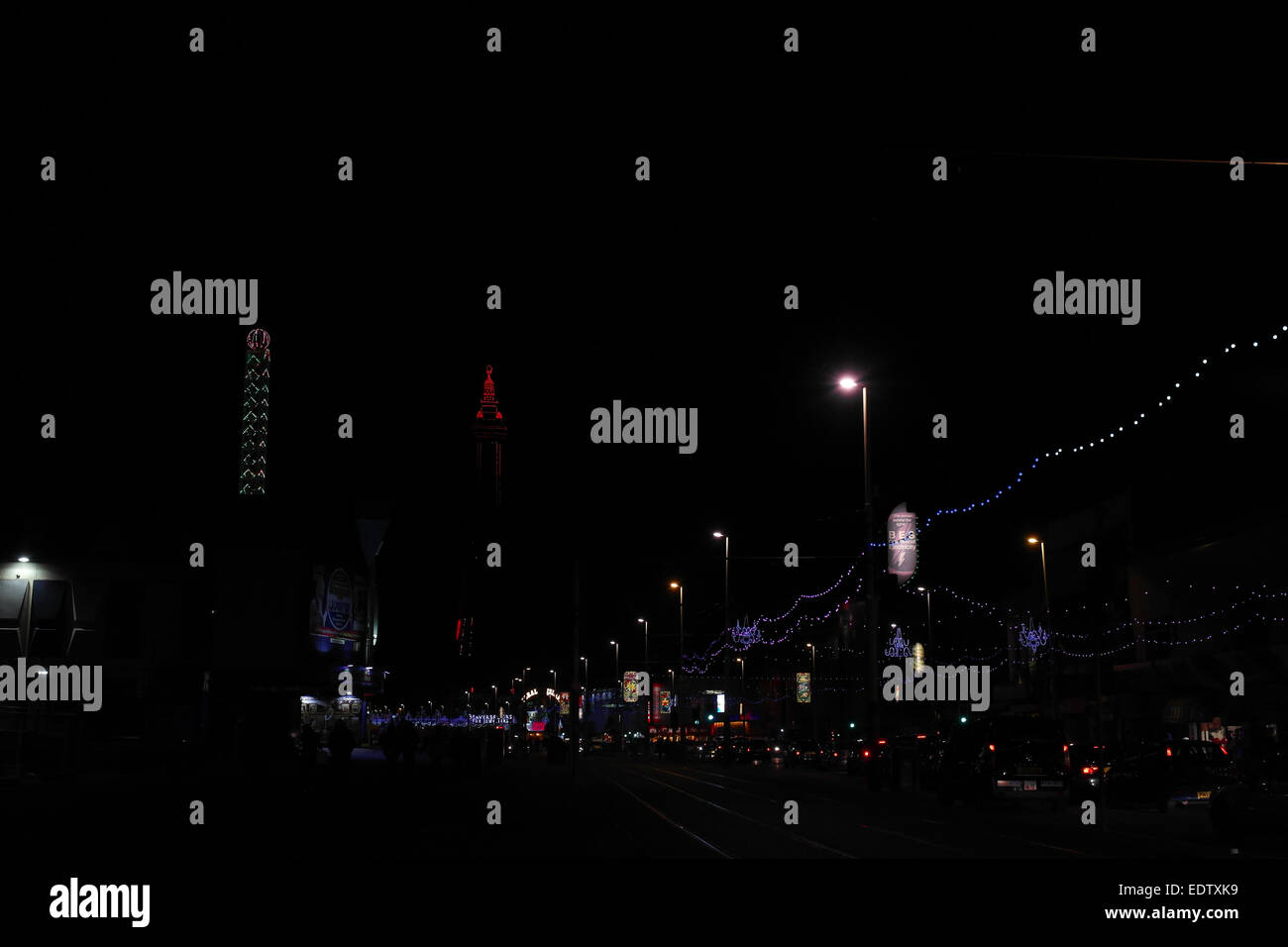 Night view, to red lights Blackpool Tower, Central Promenade, Sky Flyer ...