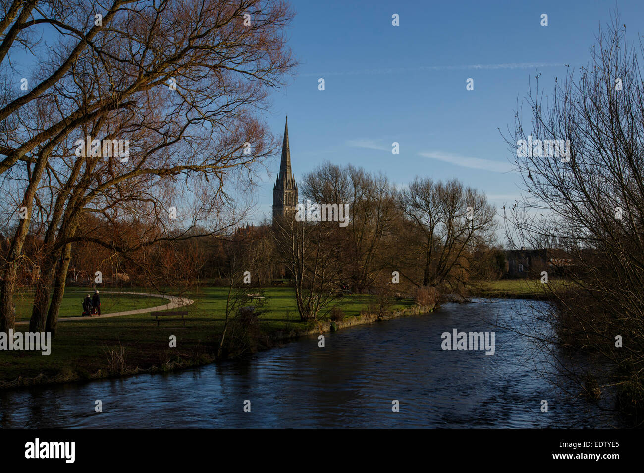 View of Salisbury Cathedral spire from 'Town Path' with the River Avon ...