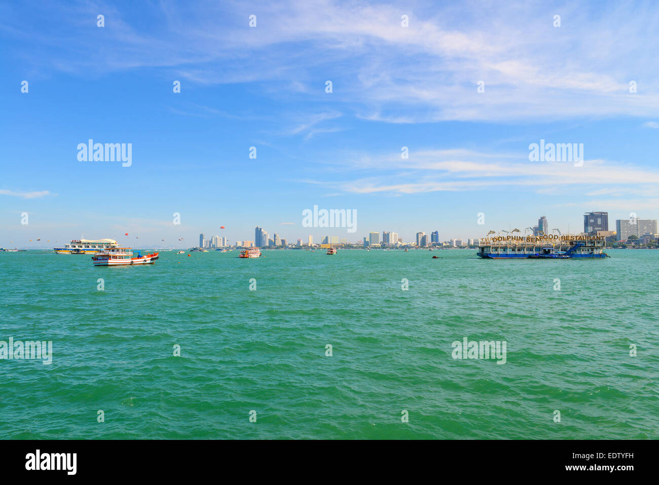 PATTAYA, THAILAND - DECEMBER 29 : Floating Restaurant at Pattaya Bay on ...
