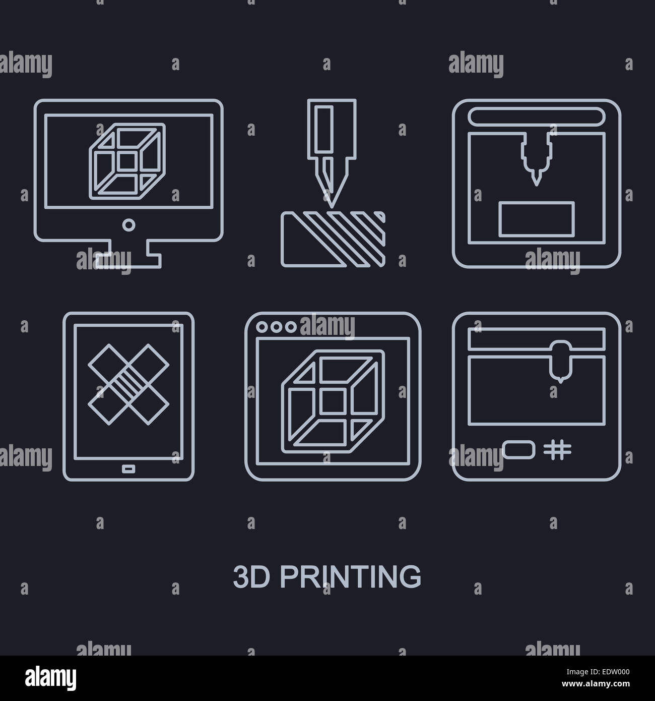 3D Printing icon set showing manufacturing printers, tablet and ...