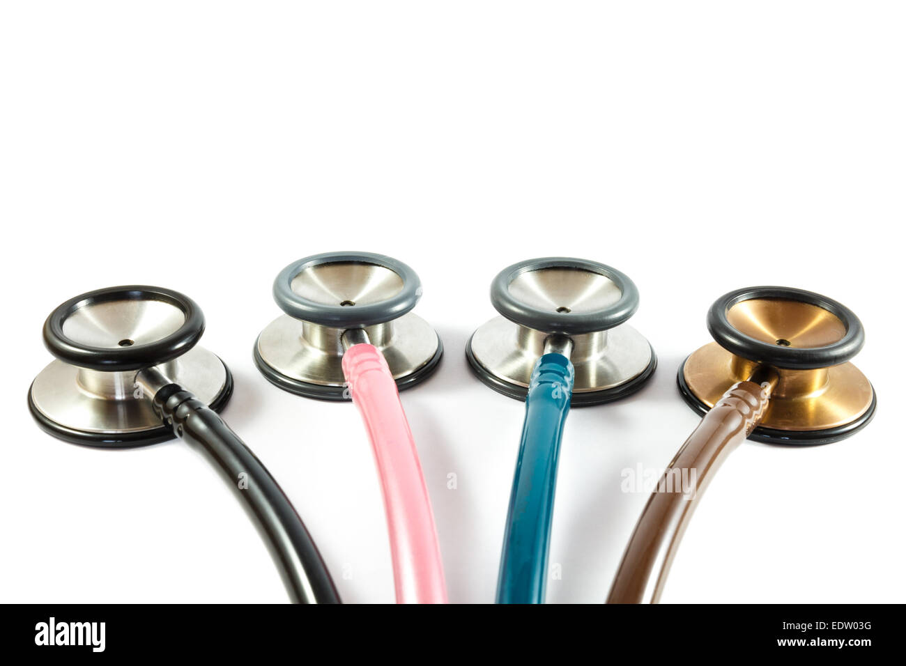 colorful stethoscopes line on white background (isolated) and blank ...