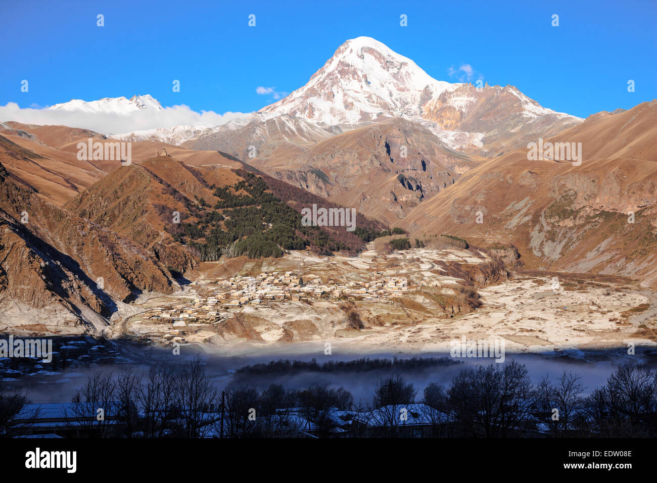 Stepantsminda Village at Mount Kazbek in Georgia Stock Photo - Alamy