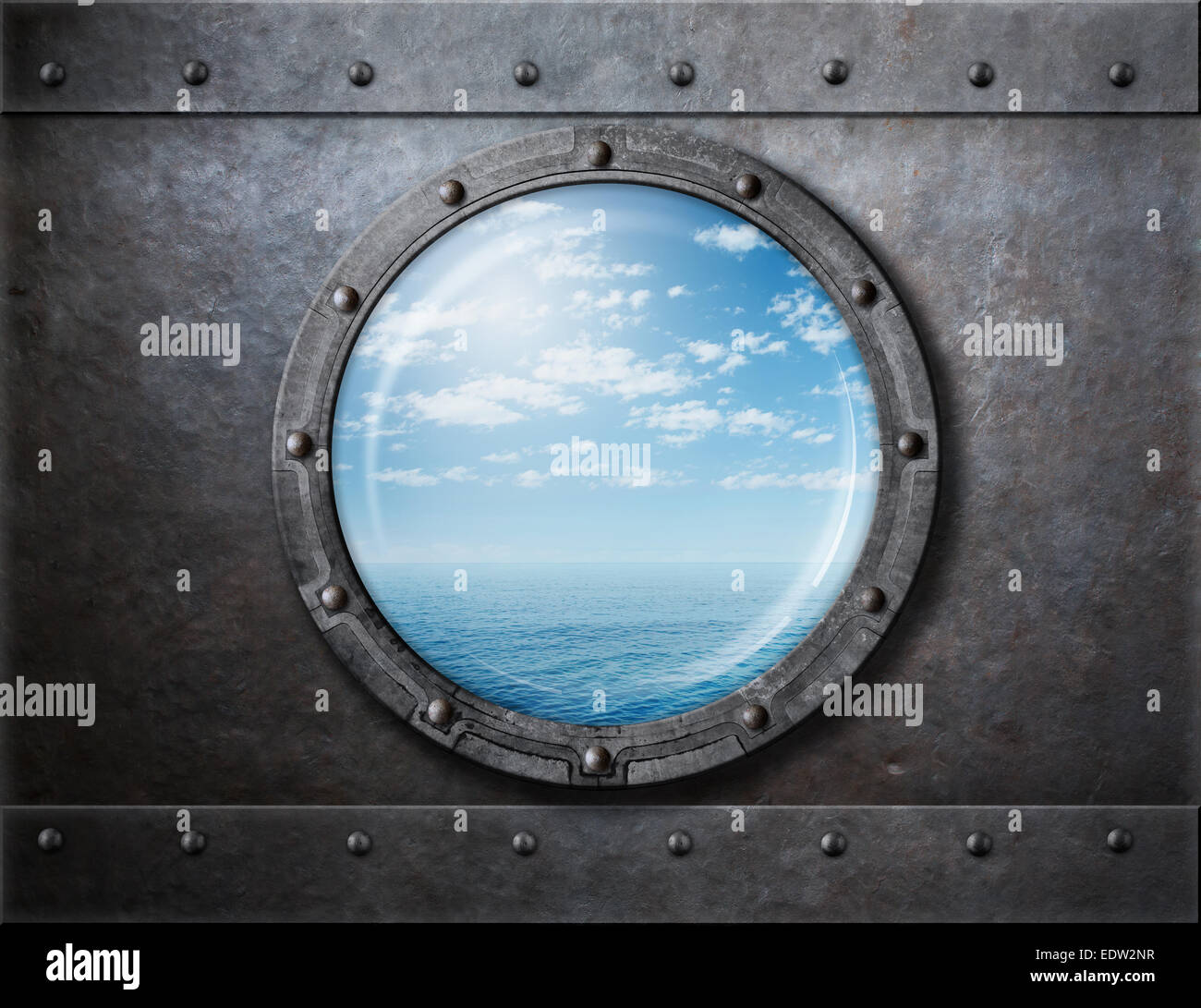 old ship rusty porthole or window with sea and horizon behind Stock ...
