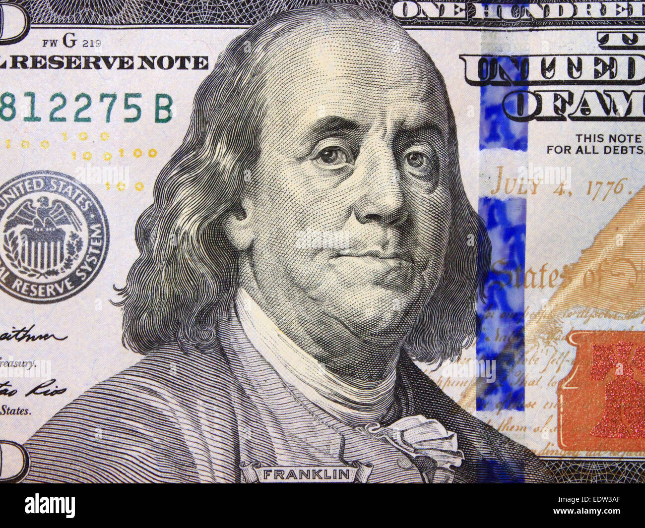 hundred dollar bank note with image of president Benjamin Franklin ...