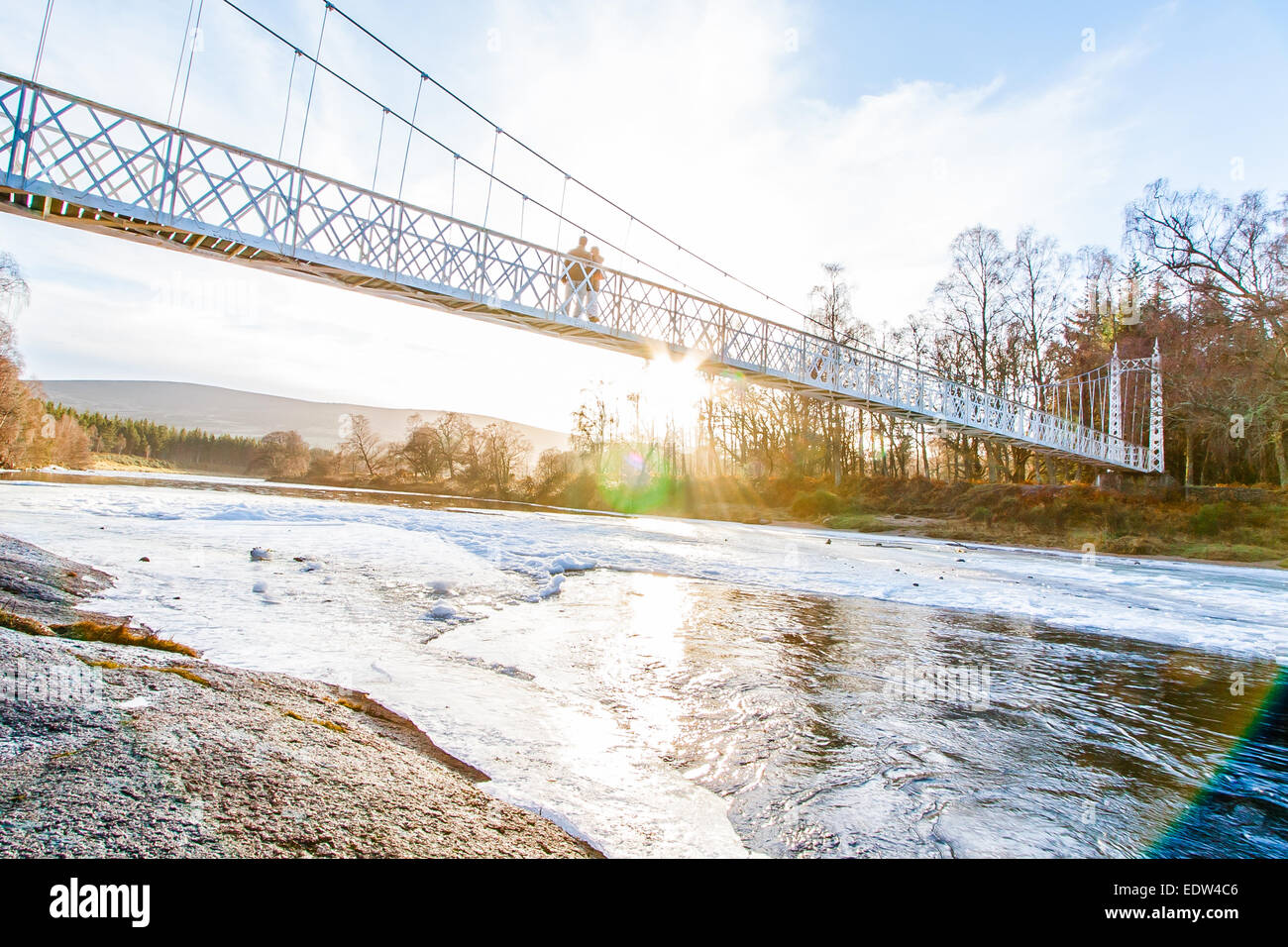 A couple admire the winter view from the Cambus o' May Bridge near ...