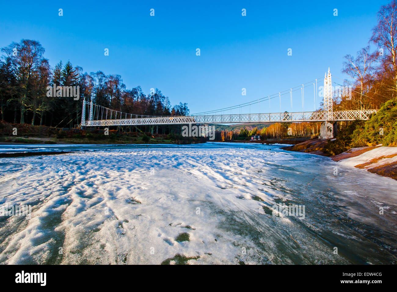 The River Dee is frozen across underneth the Cambus o' May Bridge near ...