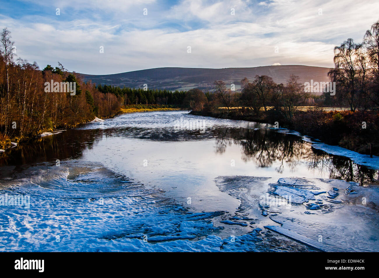 Looking down the frozen River Dee from the Cambus o' May Bridge, near ...