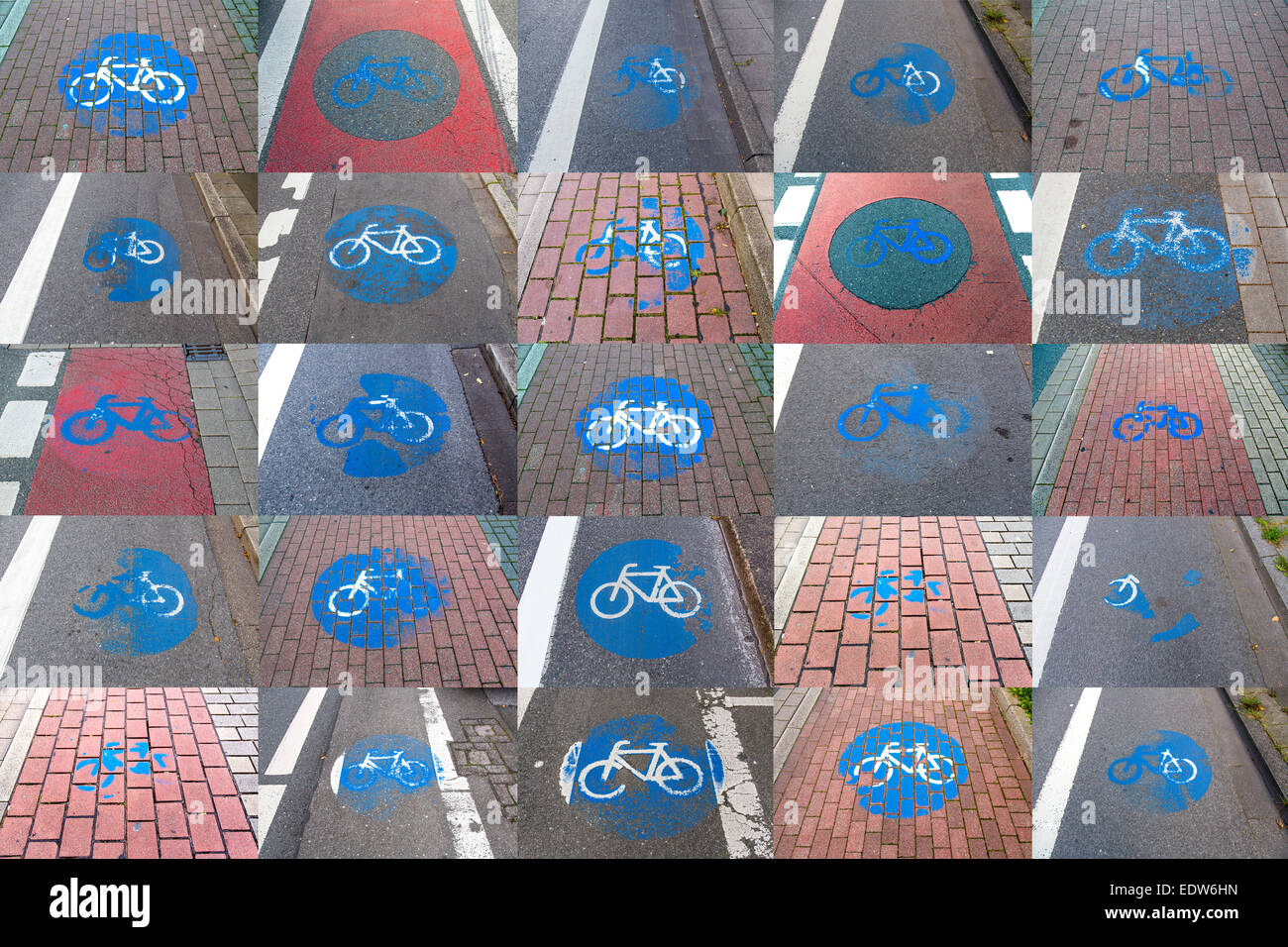 Traffic signs for bike path, painted on the pavement, worn, collage ...