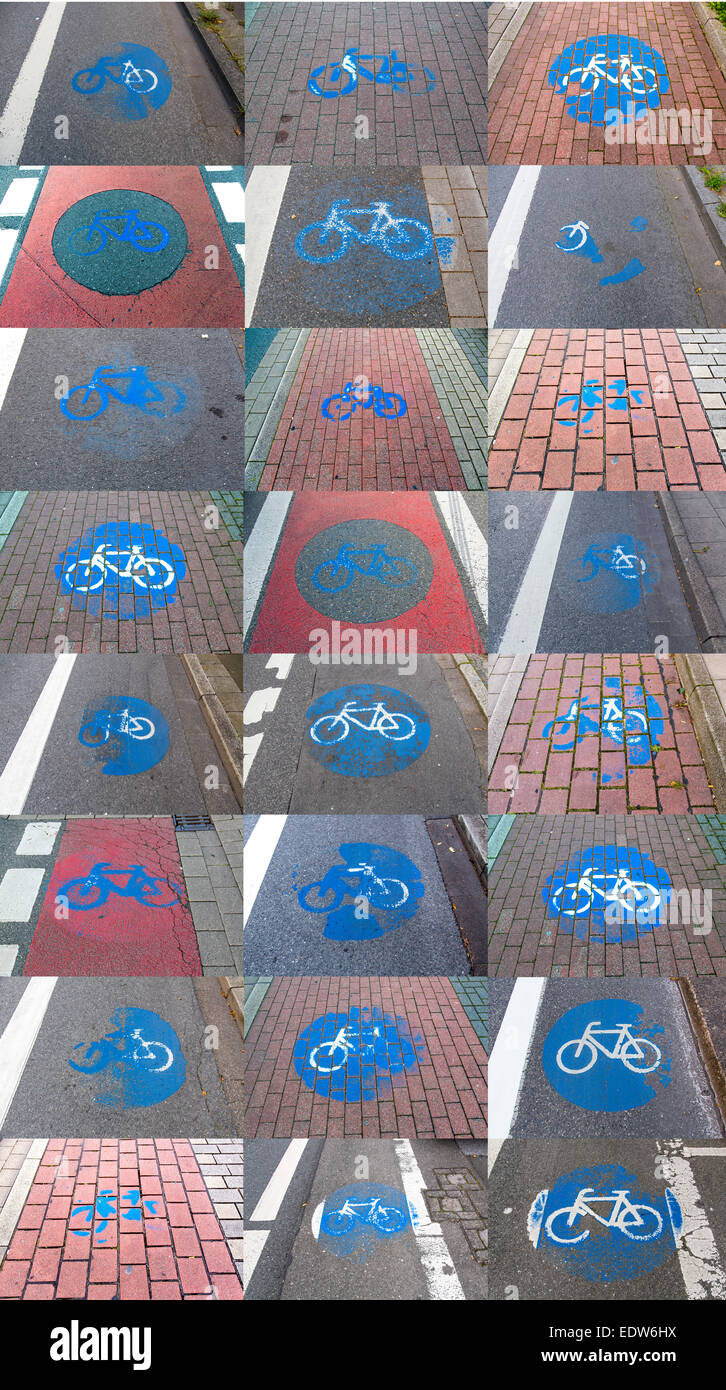 Traffic signs for bike path, painted on the pavement, worn, collage ...
