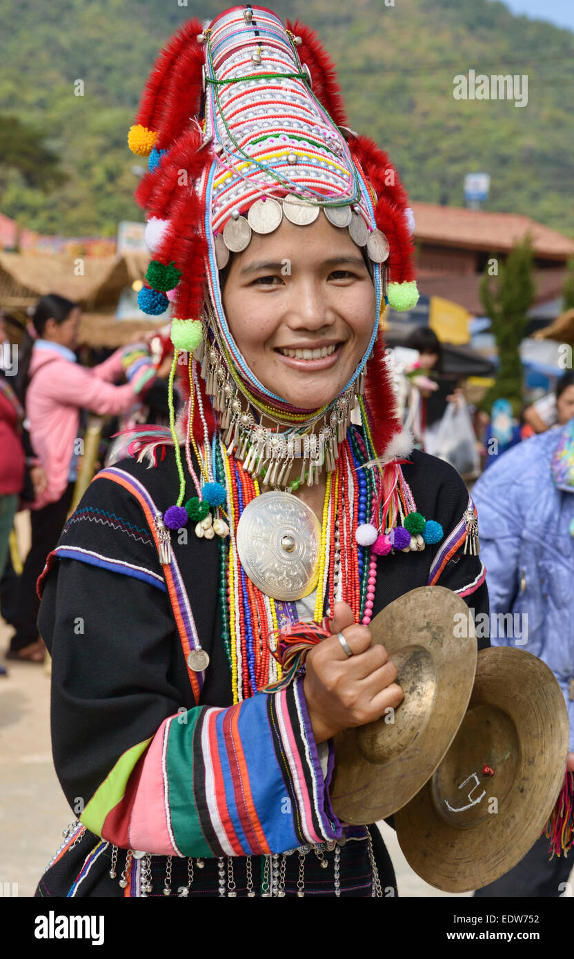 Young Akha woman dancing at the New Year Festival in Mae Salong, Chiang ...